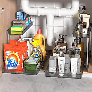 Fowooyeen Under Sink Organizer Storage, 2 Pack Pull Out Cabinet Organizer 2-Tier Sliding Basket Drawer, Multi-Purpose Storage Shelf for Kitchen Bathroom, Black