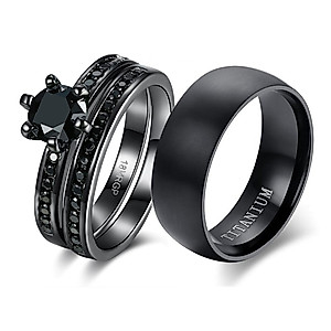 LOVERSRING Couple Ring Bridal Sets His Hers Women 18k Black Gold Plated Cz Men Titanium Wedding Ring Band Set