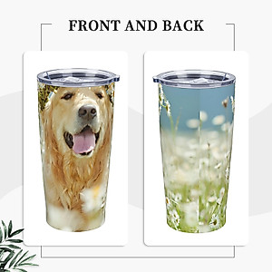 EVANEM 20 Oz Stainless Steel Tumbler With Straw Cleaner Dogs With Flowers Printed Insulated Cup Travel Coffee Mug Vacuum Insulated Tumblers For Home Office
