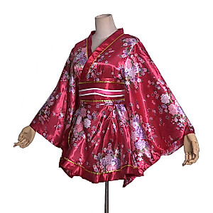 Women's Short Kimono Dress Floral Print Japanese Traditional Sexy Geisha Robe Bathrobe Skirt Belt Outfit