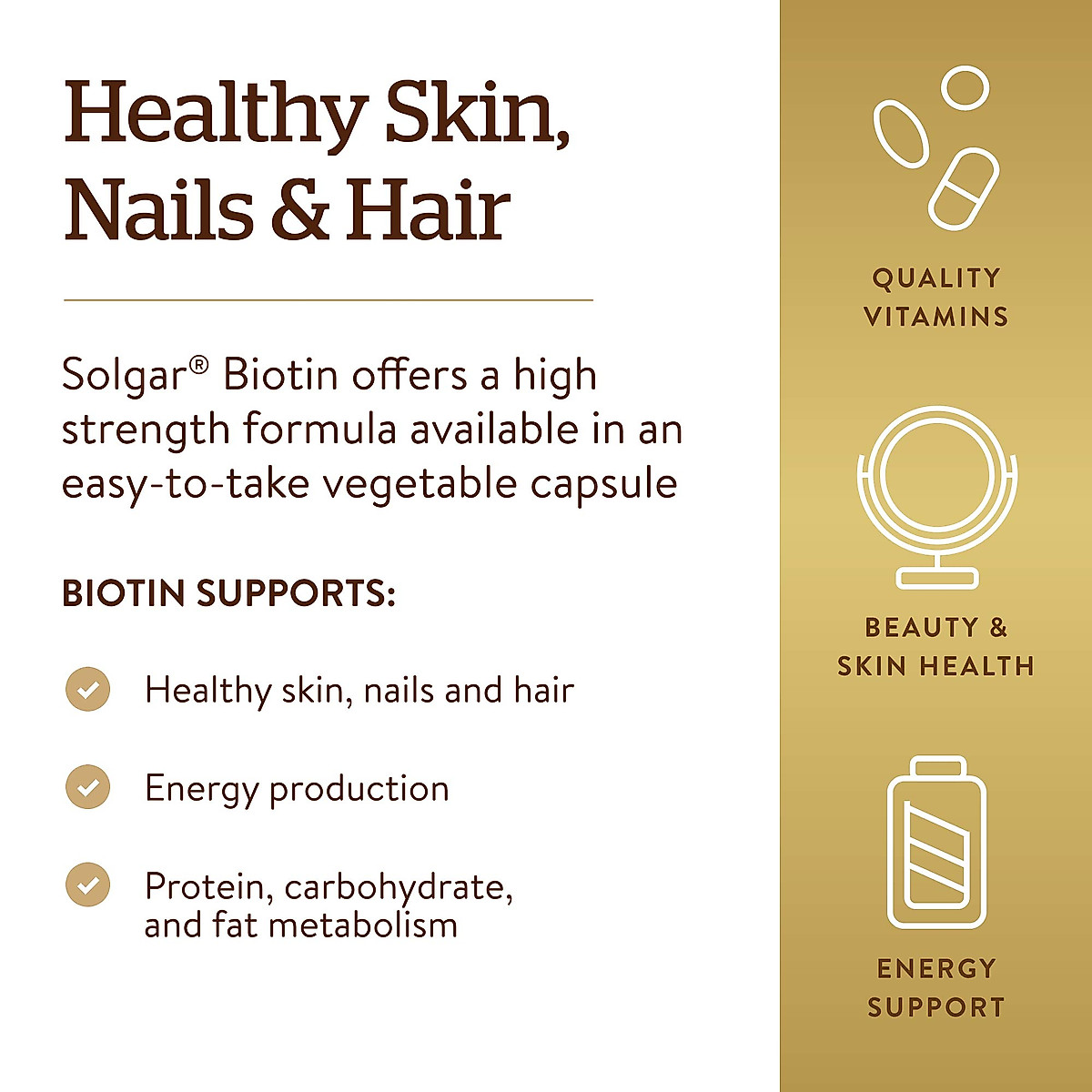 Solgar Biotin 1000 mcg, 250 Vegetable Capsules - Supports Healthy Skin, Nails & Hair - Energy Metabolism - Enhanced Potency - Non-GMO, Vegan, Gluten Free, Dairy Free, Kosher, Halal - 250 Servings