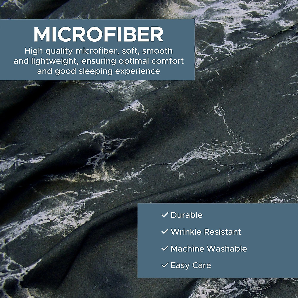 Essina Queen Duvet Cover Set – 3 Pcs Microfiber Duvet Cover with 2 Pillow Shams – Wrinkle Resistant Duvet Cover Queen – Boho Duvet Cover Zipper Closure and 4 Corner Ties – Black Marble