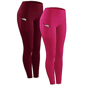 NELEUS 2 Pack Tummy Control High Waist Running Workout Leggings,9017,Red,Rose Red,US L,EU XL