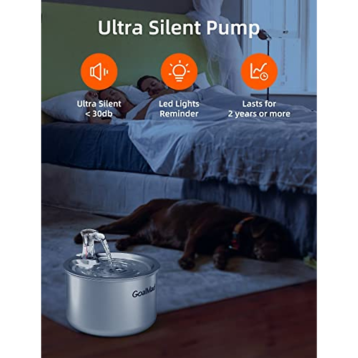 GoalMad Stainless Steel 67oz/2.0L Automatic Drinking Water Dispenser Cat Water Bowl Pet Water Fountain with LED Light & Filter for Cats, Dogs