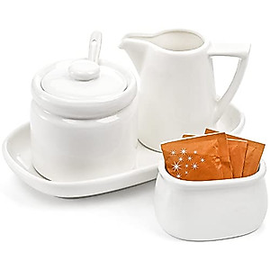 ZENFUN Set of 4 Porcelain Creamer and Sugar Set with Saucer, Sugar Bowl with Lid and Spoon, Cream Pitcher, Sweetener Holder, Coffee Serving Set for Kitchen Home Cafe Party, Restaurant, White
