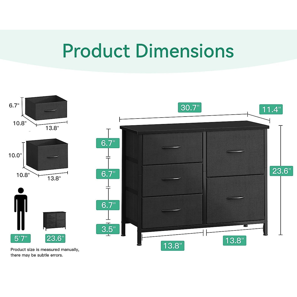 AODK Dresser for Bedroom Dresser TV Stand with 5 Storage Drawers, Small Fabric Dresser Chest of Drawers for Closet Organizer Clothes, Black
