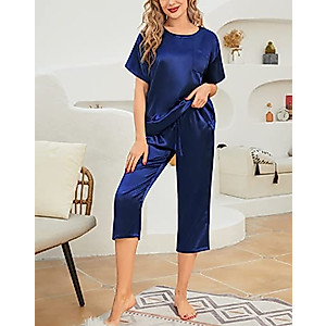 SWOMOG Womens 2 Piece Satin Pajamas Silk Short Sleeve Pjs Sets Capri Bottom Pajama Pants Loose Outfit with Pockets Navy Blue