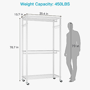 FUTASSI Heavy Duty Garment Rack, 3 Tiers Adjustable Rolling Metal Closet Organizer with Lockable Wheels, Free-Standing Wardrobe with Double Hanger Rods & 1 Pair Hooks, Max Load 450 LBS, White