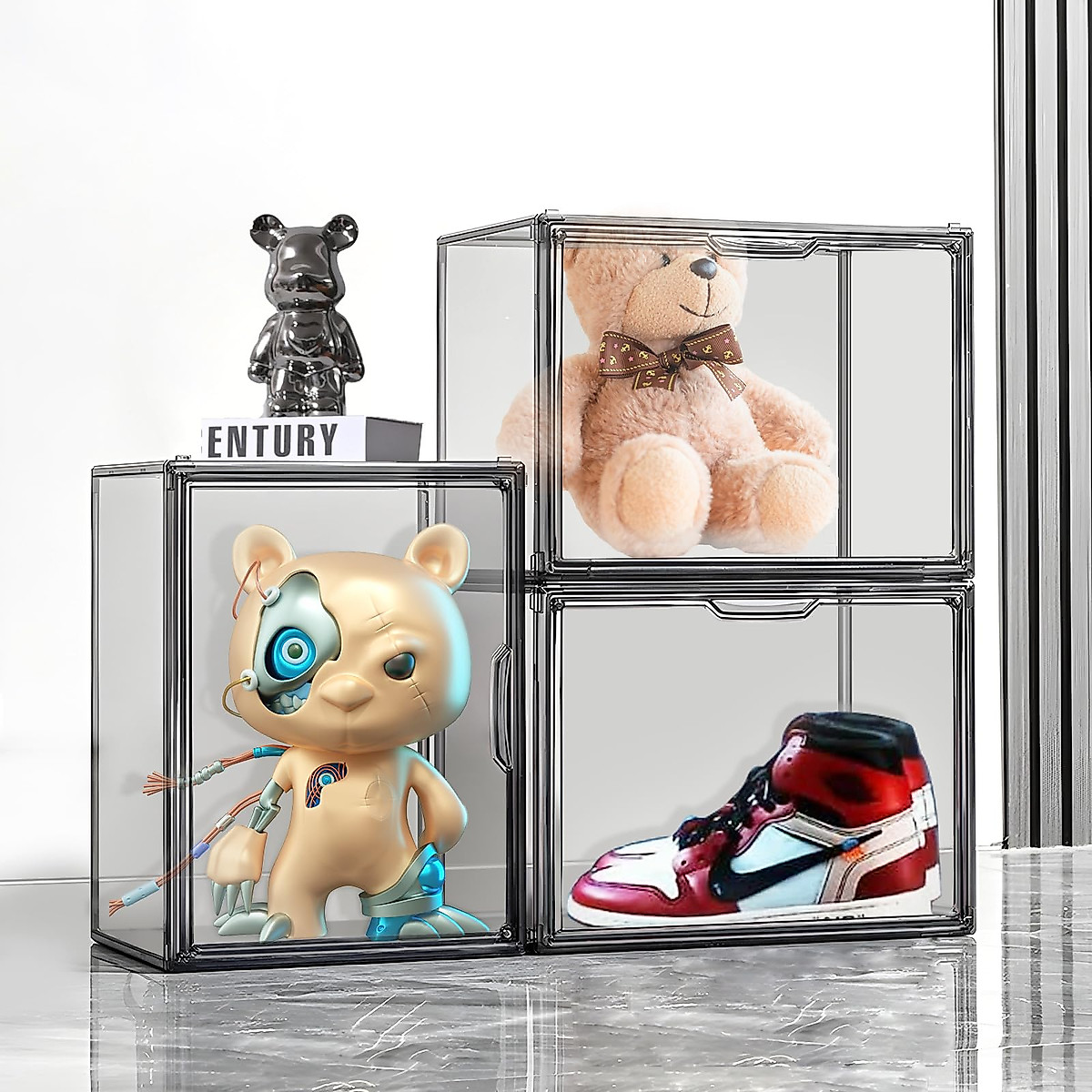 GUDEMAY Clear Stackable Plastic Storage Bins with Magnetic Lid, Dustproof Book & Cosmetic Display Cases, Large Figures Collectibles Showcase, Shoe Box, Protection Organizer (Transparent Gray -3 Pack)