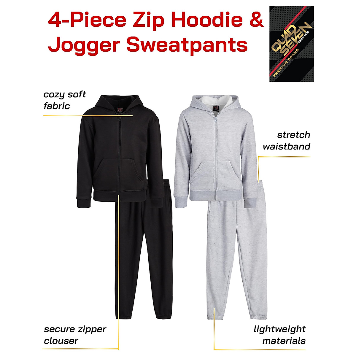 Quad Seven Boys' Fleece Jogger Set - 4 Piece Basic Solid Full Zip Hoodie and Sweatpants (Size 8-18), Size 8-10, Black/Heather Grey