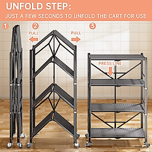 4-Tier Rolling Cart, HERJOY Folding Collapsible Utility Cart, Storage Shelves Trolley Service Cart with Rotational Wheels for Kitchen, Bathroom, Living Room and Office, Grey