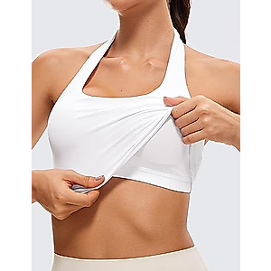 CRZ YOGA Womens Butterluxe Halter Longline Sports Bra - Padded Workout Yoga Crop Tank Tops with Built in Shelf Bra White Small