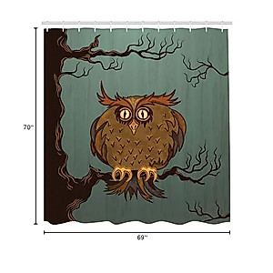 Ambesonne Owl Shower Curtain, Exhausted Hangover Tired Owl in Oak Tree with Eyebrows Nature Cartoon Funny Artwork, Cloth Fabric Bathroom Decor Set with Hooks, 69" W x 70" L, Blue Brown