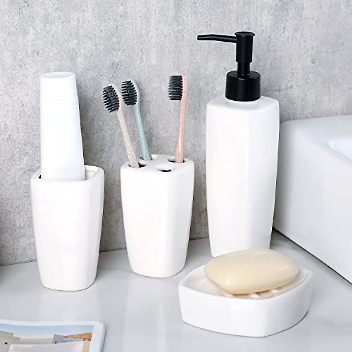 MyGift 4 Piece Ceramic White Bathroom Accessories Set Includes Lotion Dispenser with Matte Black Pump, Toothbrush Holder, Tumbler and Soap Dish