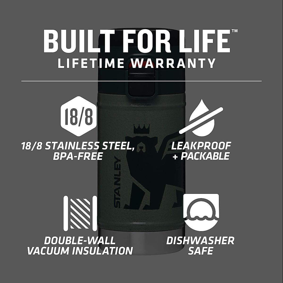 Stanley FlowSteady Bear Cub Bottle, 12oz, Stainless Steel Insulated Water Bottle for Kids (8 and Above) with 3 Interchangeable Metal Badges, Hammertone Green