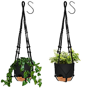 GARDIFE 8 Inch Hanging Planters with Macrame Plant Hanger for Indoor and Outdoor Plants, 2 Pack Large Self Watering Hanging Plant Pot with Basket Flower Pot with Drainage Hole, Black
