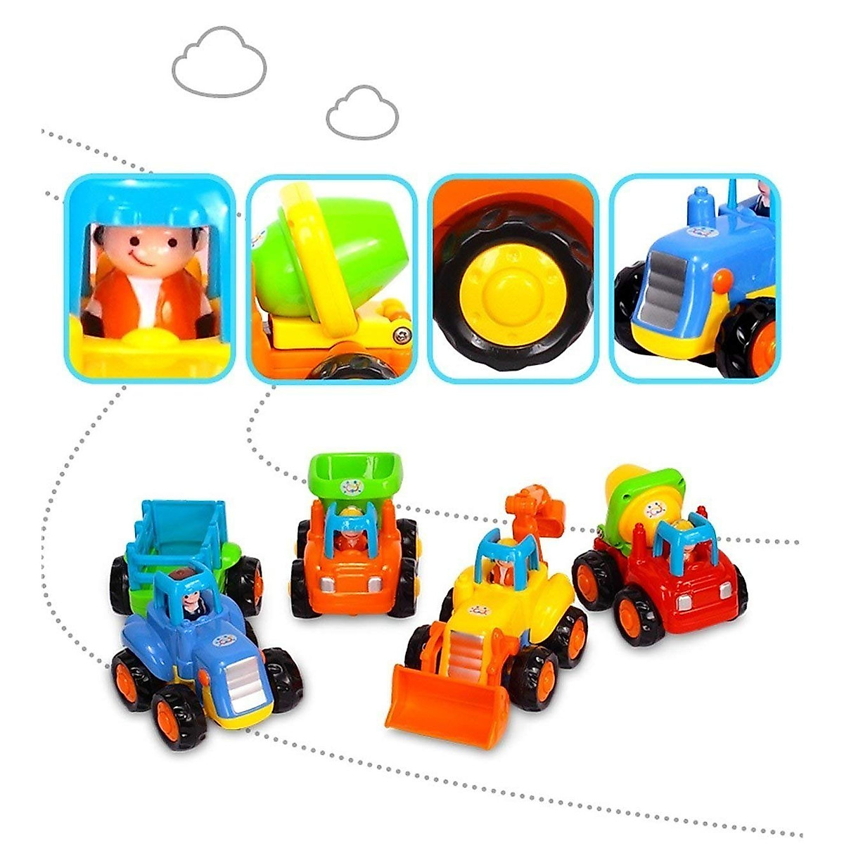 Berry President Set of 4: Early Educational Push and Go Friction Powered Car Tractor Bulldozer Mixer Truck and Dumper Toys for Toddler Baby Children Kids Boys Girls (4EngineeringCar)