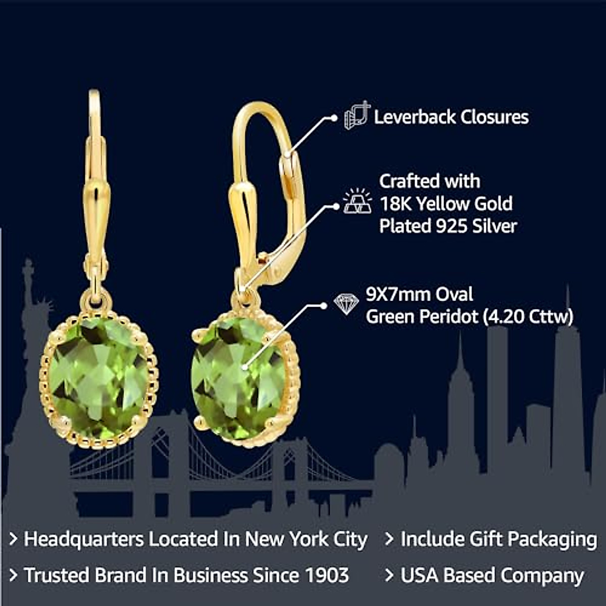 Gem Stone King 18K Yellow Gold Plated Silver Green Peridot Leverback Dangle Earrings For Women (4.20 Cttw, Gemstone August Birthstone, Oval 9X7MM)