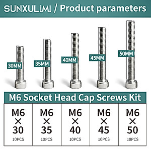 M6 x 30mm 35mm 40mm 45mm 50mm Socket Head Cap Screws Bolts 304 Stainless Steel Machine Metric Hex Socket Screw, 50PCS