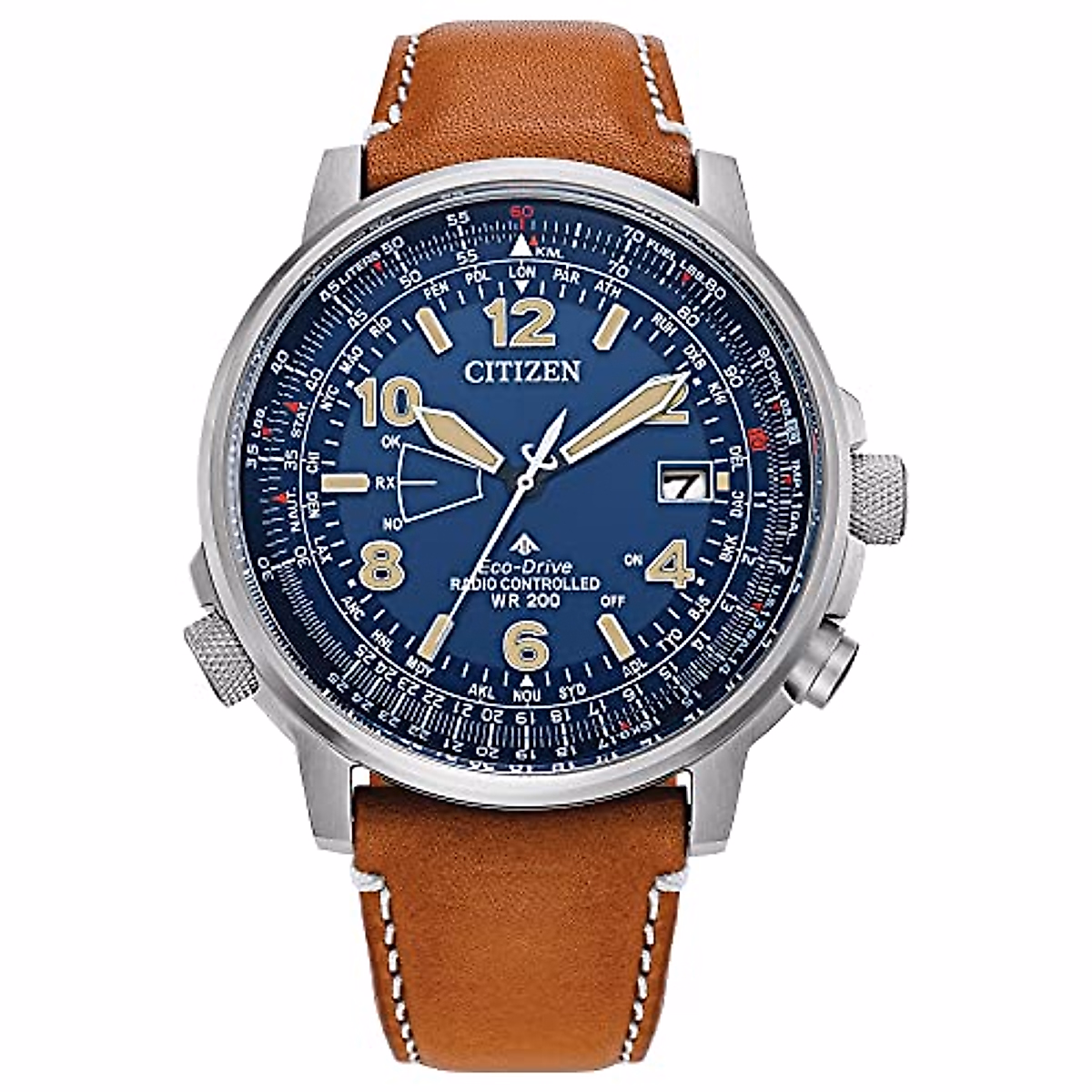 Citizen Men's Eco-Drive Promaster Air Skyhawk Atomic Time Keeping Watch in Super Titanium with Brown Leather Strap, Blue Dial (Model: CB0241-00L)