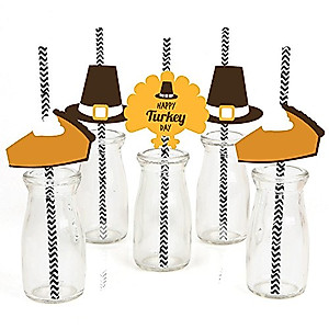 Big Dot of Happiness Happy Turkey Day Paper Straw Decor - Thanksgiving Striped Decorative Straws - Set of 24