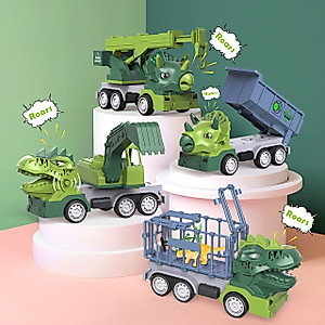 Yoocaa Dinosaur Toys for Kids | Dinosaur Monster Truck with Roaring Sounds | Construction Vehicles Toys Cars Playset with Playmat | Educational Toys Gifts for Boys Toddler 3,4,5,6 Years Old (24 Pcs)