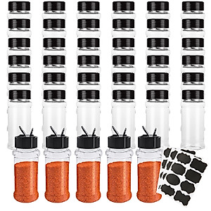 Oungy 36 PCS Spice Jars with Black Cap 3.5 OZ Bottle Containers with Shaker Lids and Labels - Empty Clear Plastic Seasoning Containers for Storing Spice Herbs Powders