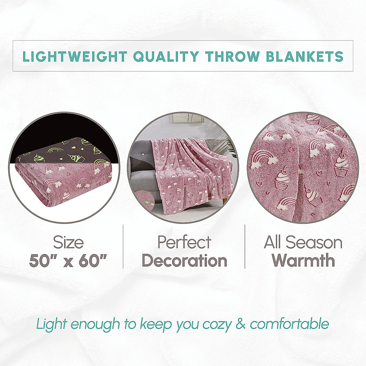 Elegant Comfort Glow in The Dark Lightweight Throw Blanket - Ultra Soft, Fuzzy and Cozy Luminous Blanket - All Season Decorative for Kids Throw Blankets, 50 X 60 inches, Pink Rainbow