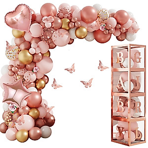 Amandir 134pcs Rose Gold Balloons Baby Shower Decorations for Girl Baby Boxes, Butterfly Stickers Balloon Garland Arch Kit Baby Box with Letter (A-Z+Baby) for Women Birthday Bridal Party Decoration