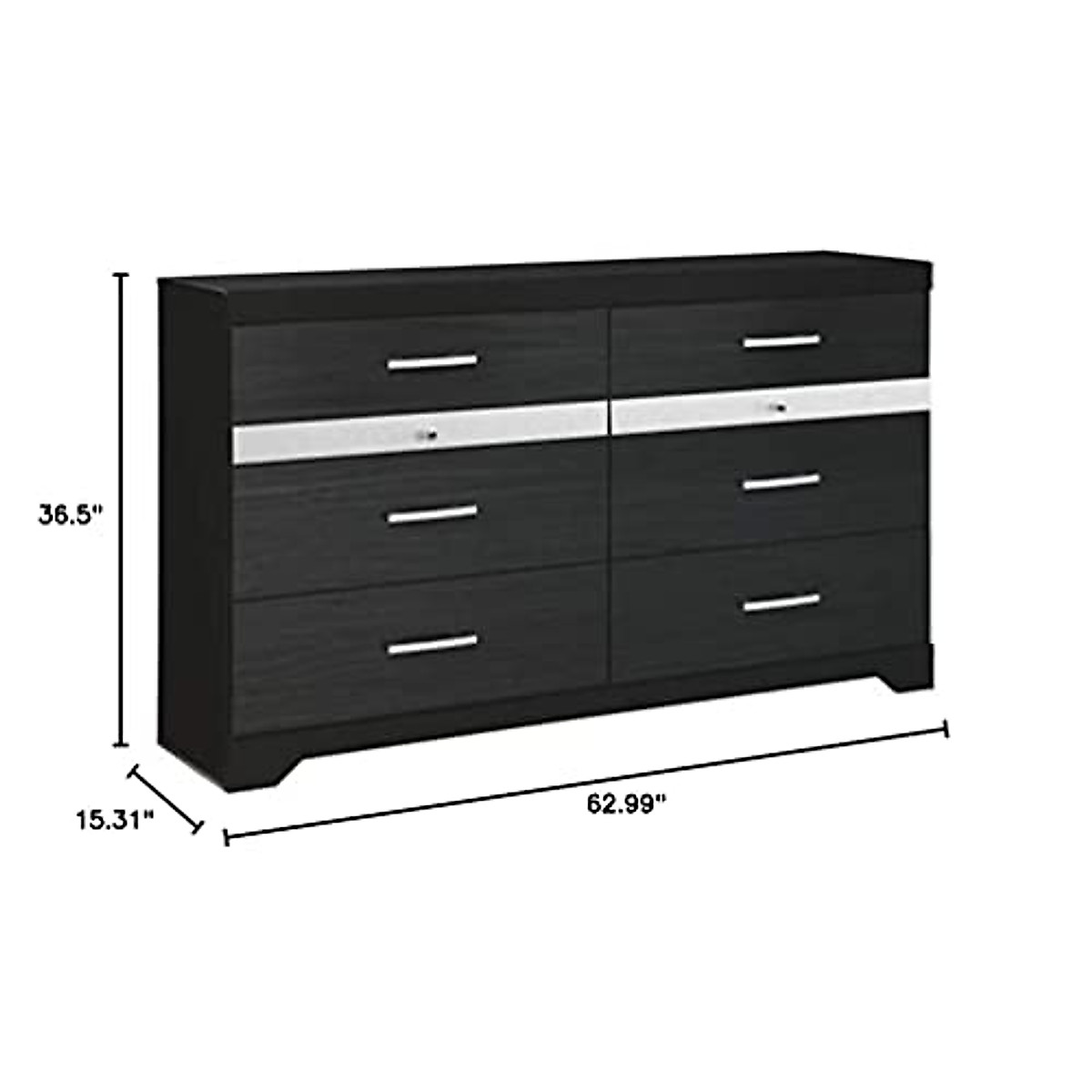 Signature Design by Ashley Starberry Glam 6 Drawer Dresser with Silvertone Glitter Accents & 2 Felt-Lined Jewelry Drawers, Black