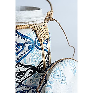 Siam Sawadee White Weaved Bamboo Rice Basket, Hand Woven Thai Rattan Jar, Handcrafted Traditional Household Wicker Container, Moroccan Pattern Painted, Handmade in Thailand, 7x12 inches