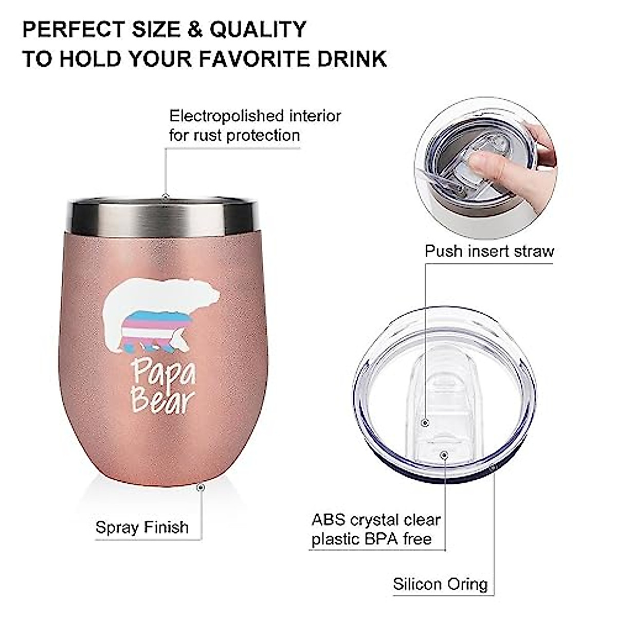 Mighun Papa Bear Bisexual Lesbian Wine Tumbler with Lid, Pansexual Bisexual LGBTQ Vacuum Coffee Tumbler, Gay Pride Stemless Insulated Wine Glasses Cup for Champaign, Cocktail, Beer