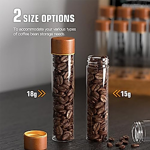 Coffee Bean Cellars with Stand & Hopper, Single Dose Coffee Bean Storage, 12 Pcs Espresso Bean Container with Wooden Holder, Dosing Glass Vials with Lids and Funnel for Tea, Coffee, Spices