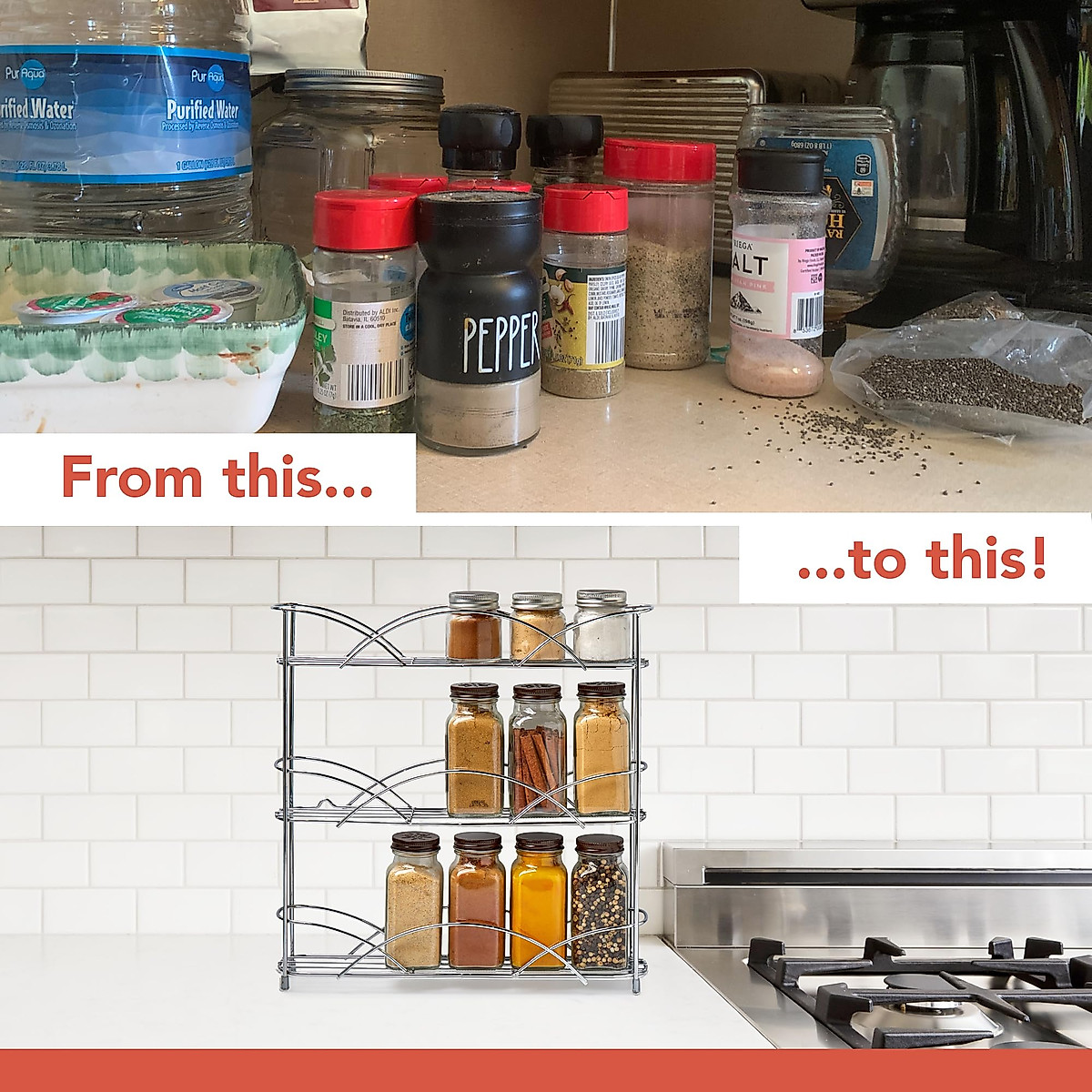 Spectrum Diversified Countertop 3-Tier Rack Kitchen Cabinet Organizer or Optional Wall-Mounted Storage, 3 Spice Shelves, Raised Rubberized Feet, Black