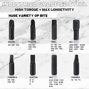 Low Profile Right Angle Ratcheting Screwdriver Set - Mini Ratchet Set Includes 50 Screwdriver Bits Included (Hex, Square, Pozidrive, Phillips, Torx Slotted, Triangle)