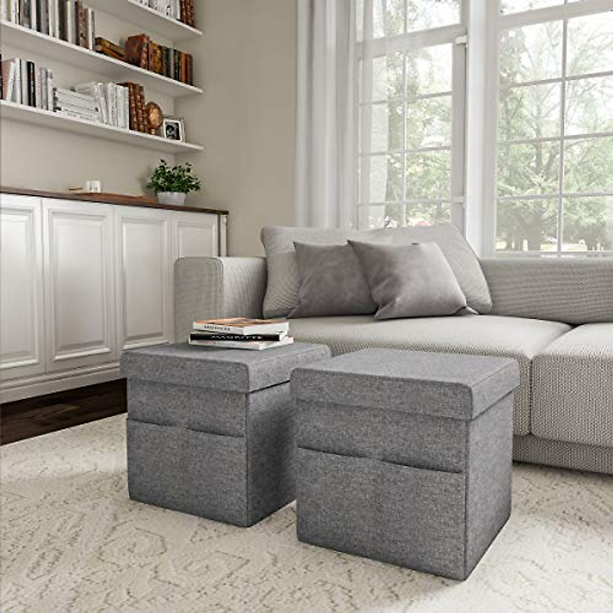 Lavish Home Set of 2 Cube Ottoman with Pockets 15-Inch Folding Foot Rests or Storage Organizers for Bedroom, Living Room, or Dorm, Charcoal Gray