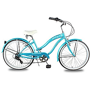 MICARGI Rover Lightweight Beach Cruiser Bike for Women Adult 26 Inch Wheels Featuring Steel Step-Over Step Through Steel Frame 7 Speed Coaster Brake Hybrid Bike Complete Cruiser Bikes Baby Blue