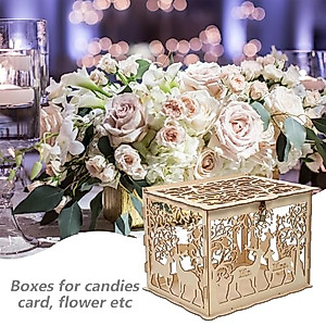 Amosfun Wooden Vinatge Wedding Card Box DIY Rustic Hollow Wedding Box with Lock Key and Rubber Card Box for Party Wedding Decorations for Reception(1 Key 12 Rubber Rings, Large Size)