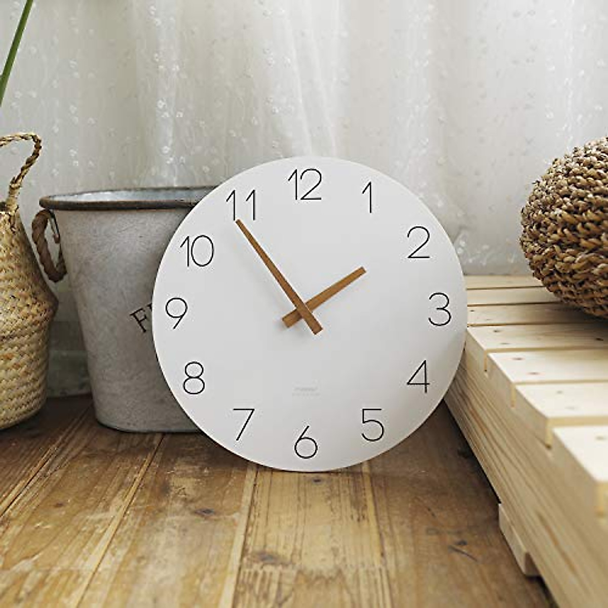 mooas Flatwood Wall Clock, 12" Wood Wall Clock Non-Ticking Sweep Movement Decorative Wall Clock Battery Operated Wall Clock Clock for Home Living Room Kitchen Bedroom Office School Hotel