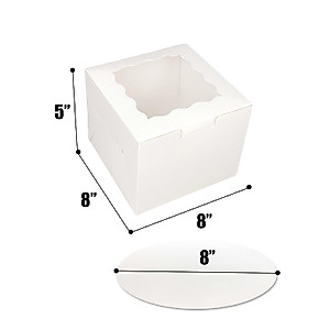 Bakepacker 36pcs 8x8x5 Inches Cake Boxes with Window 8 Inch Bakery Boxes 18-Packs White Cake Boxes (18 Cake boxes +18 Cake Boards+10 Meters Silk Ribbon Includes)