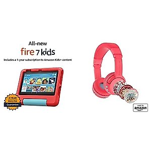 Fire 7 Kids Tablet Bundle. Includes Fire 7 Kids Tablet | Red & Made For Amazon PlayTime Volume Limiting Bluetooth Kids Headphones Age (3-7) | Red
