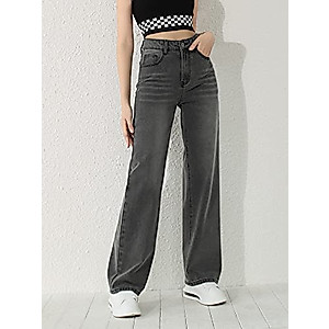 SweatyRocks Girl's High Waisted Solid Straight Leg Jeans Casual Loose Denim Pants Dark Grey 12-13Y