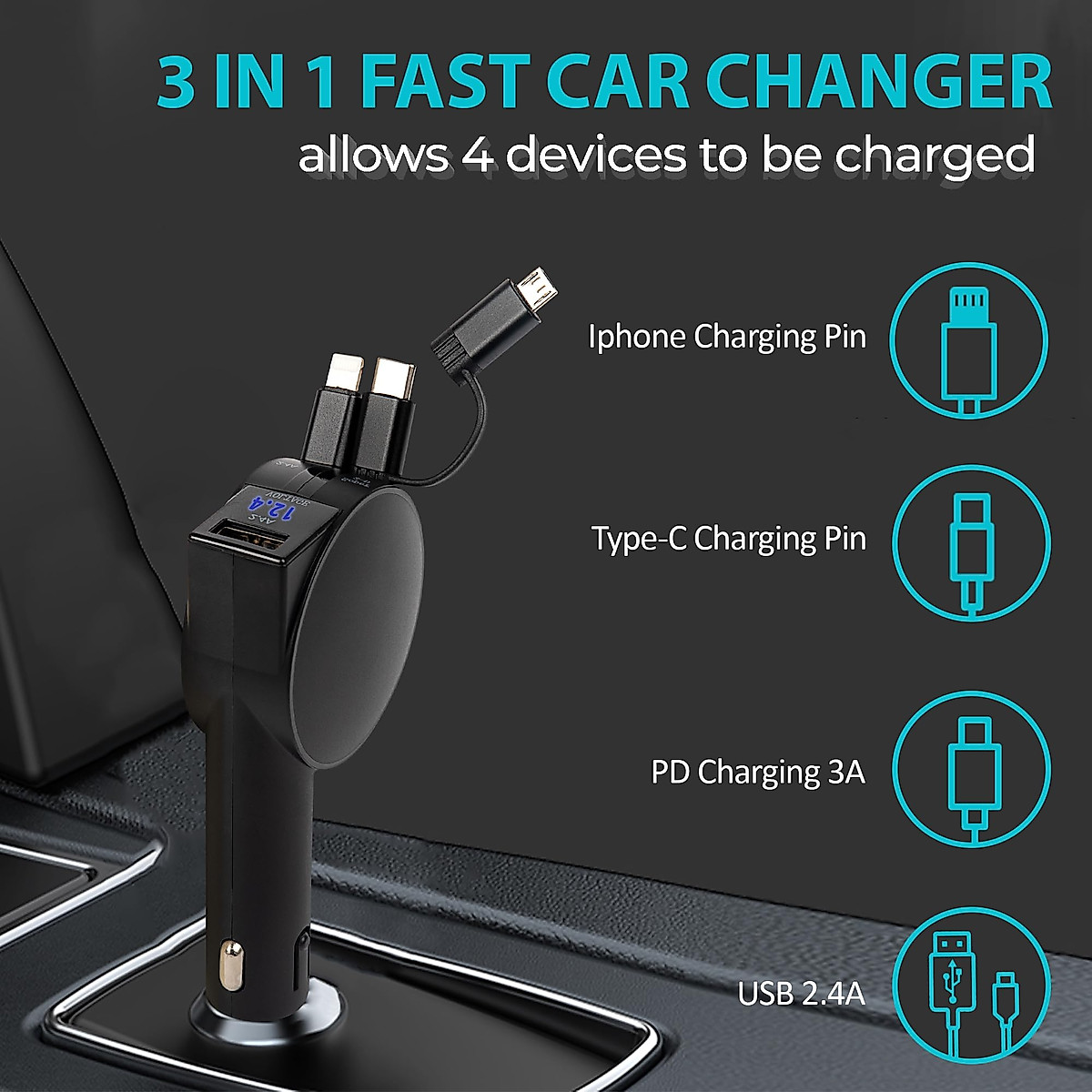 Retractable Car Charger (2.62 ft) - 3 in 1 Fast Car Charge with 66W, Compatible with iPhone, iPad, Samsung and Android