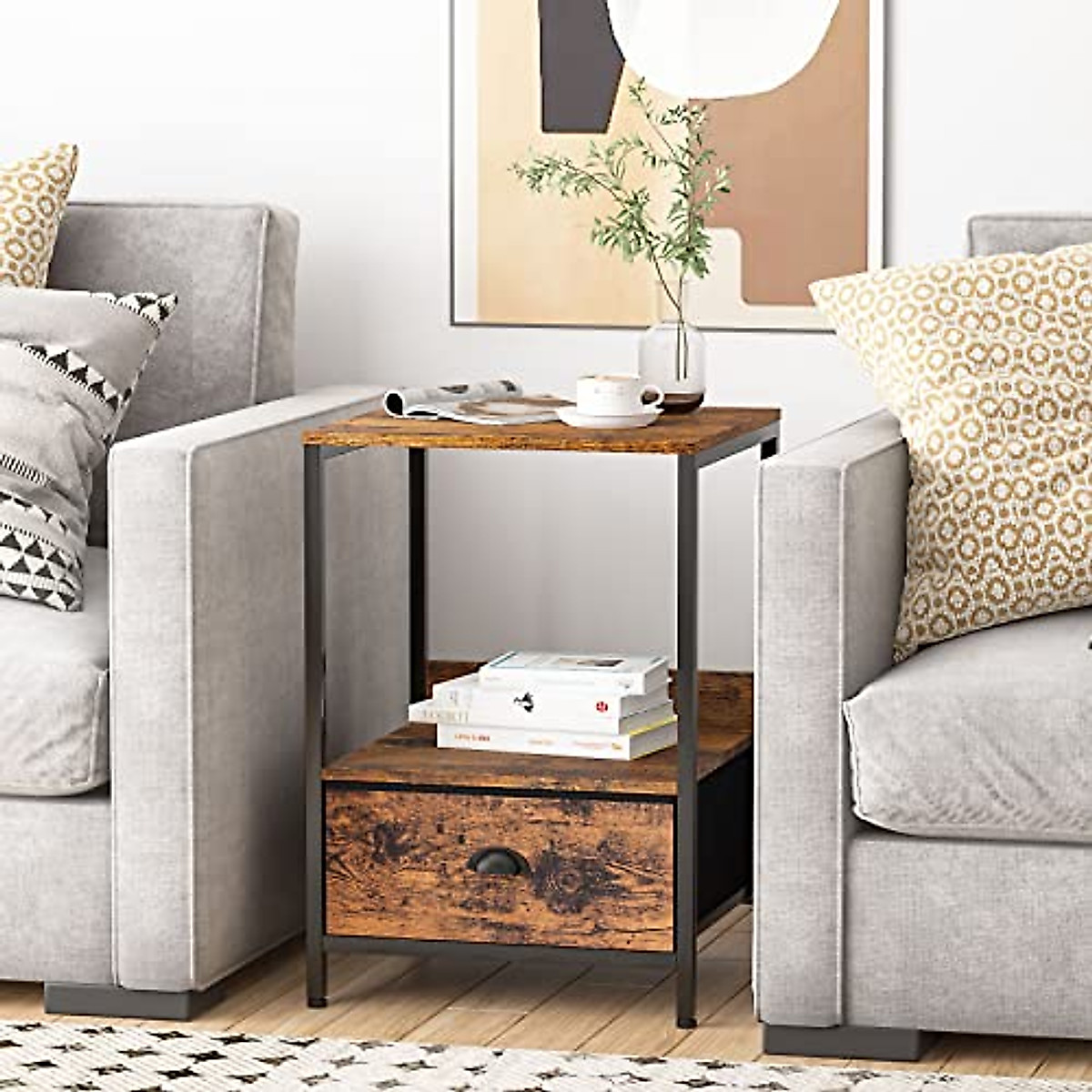 Furologee 6-Tier Bookshelf and Nightstand Set, Tall Bookcase and Rustic End Table with Fabric Drawers, Metal Frame, Rustic Brwon