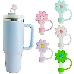 5 PCS Silicone Straw Covers Cap Compatible with Stanley 30&40 Oz Cup, 10mm Cute Flower Straw Toppers for Tumblers, Dust-Proof Drinking Straw Caps for Reusable Straws Tips Lids