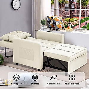 NSIRONS Convertible Chair Bed,Folding Sofa Bed Chair with Adjustable Backrest, 3-in-1Multi-Functional Pull Out Sleeper Chair Bed Single Armchair Sofa Bed with Side Pocket (White)