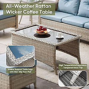 Wicker Outdoor Conversation Set-6 Pieces Outdoor Wicker High Back Couch with Swivel Rocker Chairs Patio Furniture for Deck Poolside Backyard-Light Grey/Light Blue