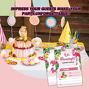 Let's Flamingle Birthday Party Invitation Cards, Summer Flamingo & Palm Leaves Pineapple Invitation for Kids Girls Boys Luau Birthday Party Celebration Supplies, 20 Invitations with Envelopes - JY646
