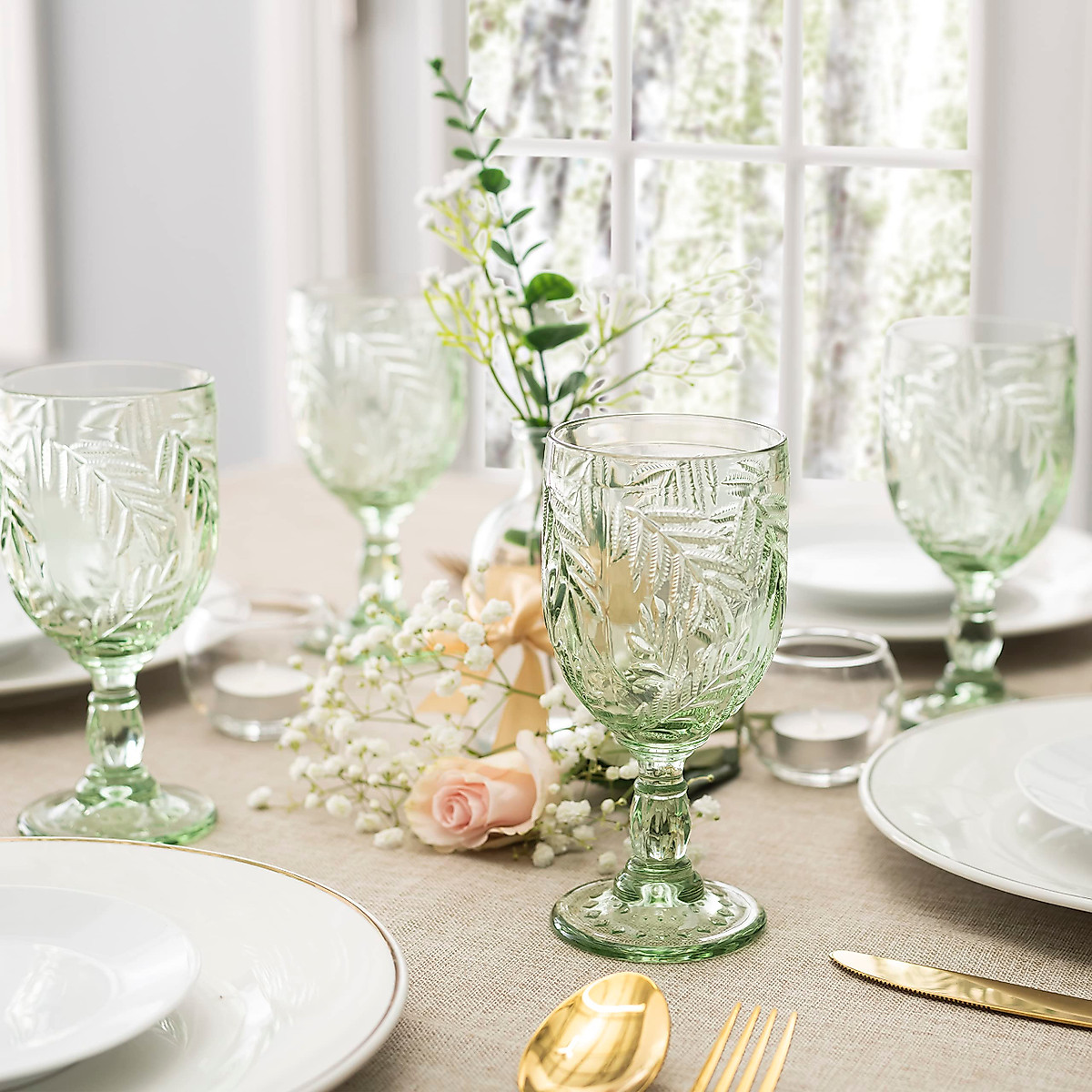 WHOLE HOUSEWARES | Coloured Green Vintage Wine Glass Goblet | 8.5 oz Embossed Design | Wedding, Party Glass Set of 6 (Green)