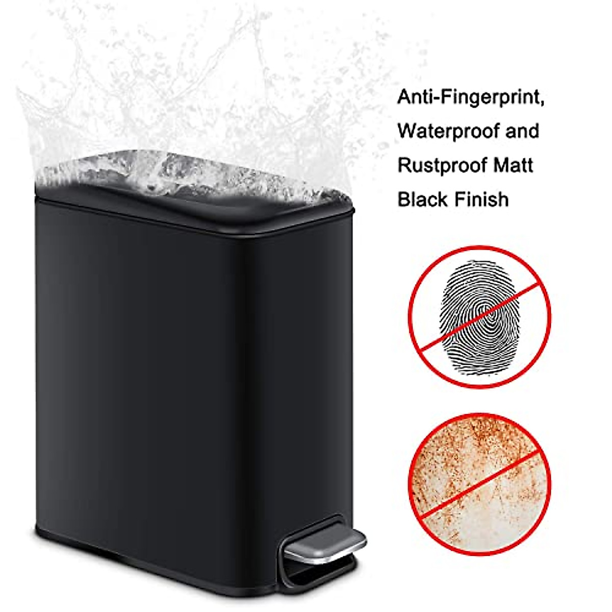 H+LUX Slim Small Bathroom Trash Can with Lid Soft Close,Black Small Trash can for Bathroom Bedroom Office with Removable Inner Wastebasket, Rectangular Foot Pedal Trash Bin, 5L/1.3Gal